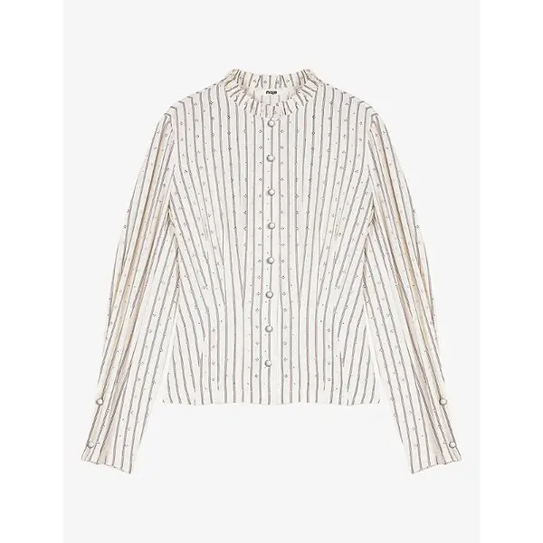 Maje Rhinestone Ruffled-neck Cotton-blend Shirt