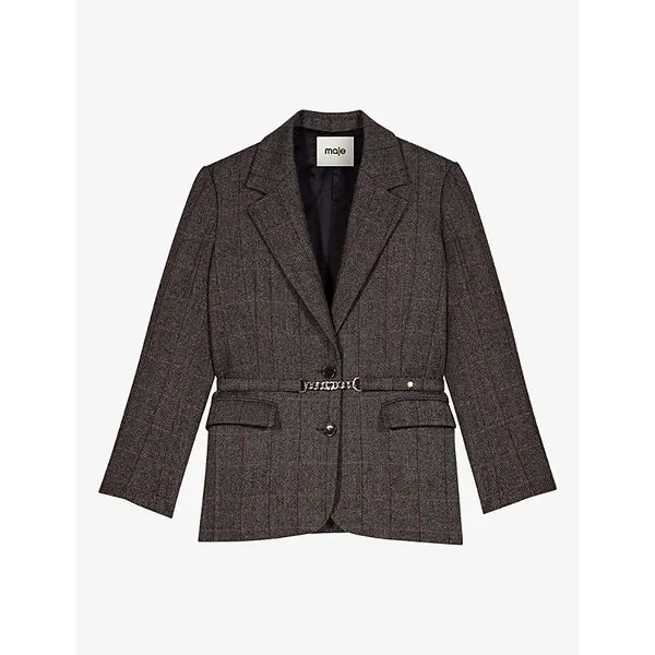 Maje Herringbone Check Belted Suit Wool-blend Jacket - Brown