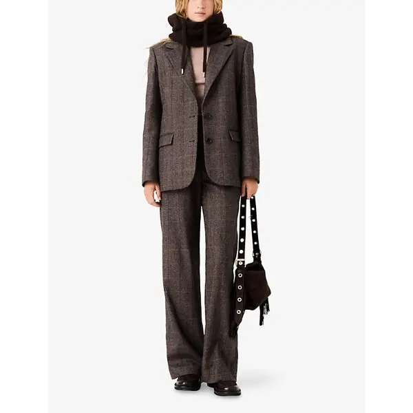 Maje Herringbone Check Belted Suit Wool-blend Jacket