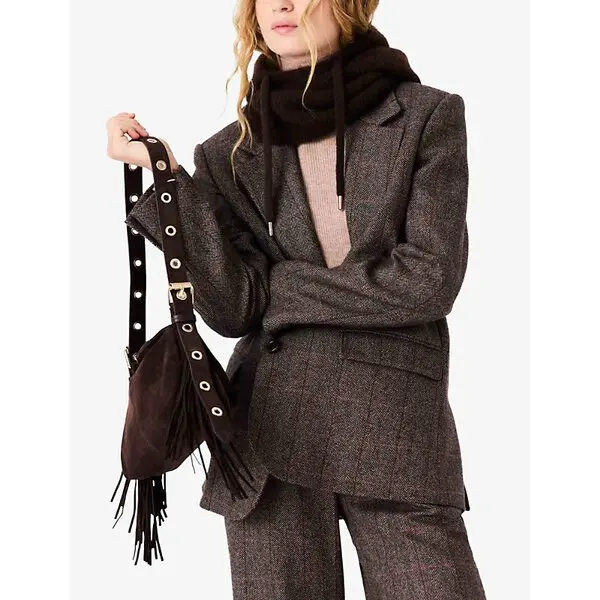 Maje Herringbone Check Belted Suit Wool-blend Jacket