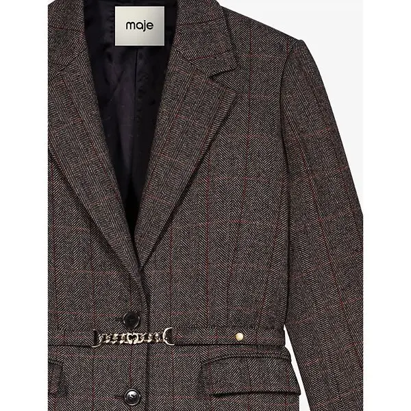 Maje Herringbone Check Belted Suit Wool-blend Jacket