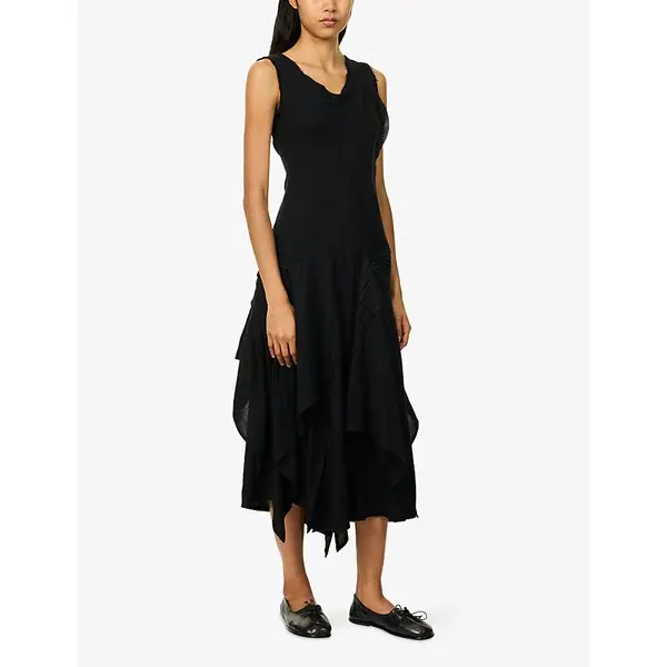 Yohji Yamamoto Asymmetric Pleated Wool Midi Dress