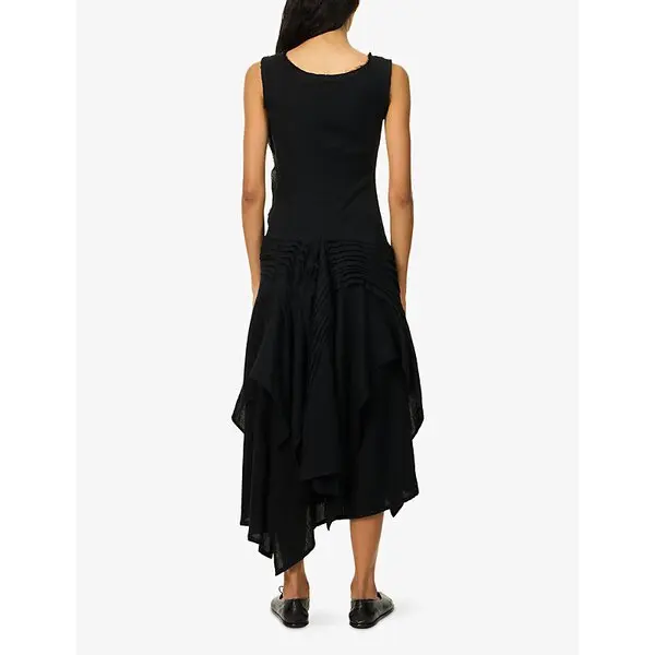 Yohji Yamamoto Asymmetric Pleated Wool Midi Dress