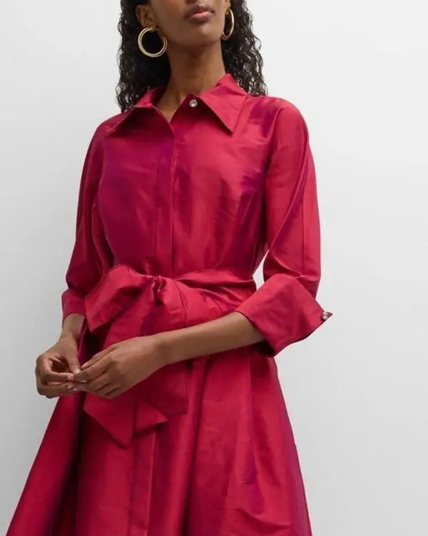Rickie Freeman For Teri Jon 3/4-sleeve Belted Midi Shirtdress - Cherry