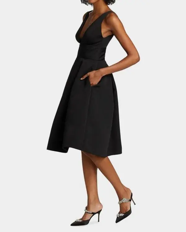 Amsale Faille Deep V-neck Dress - Black