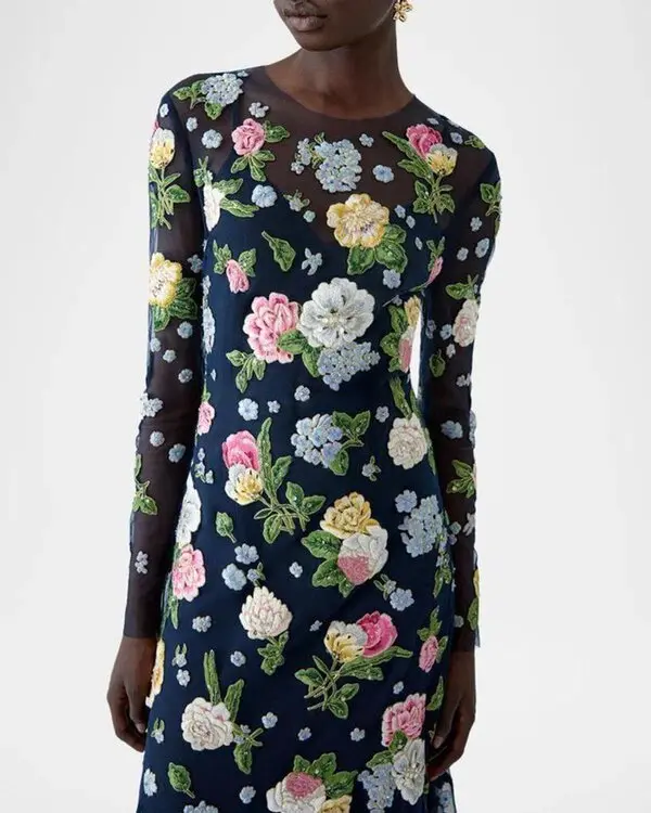 Carolina Herrera Floral Embroidered Tulle Long-sleeve Midi Dress - Midnight