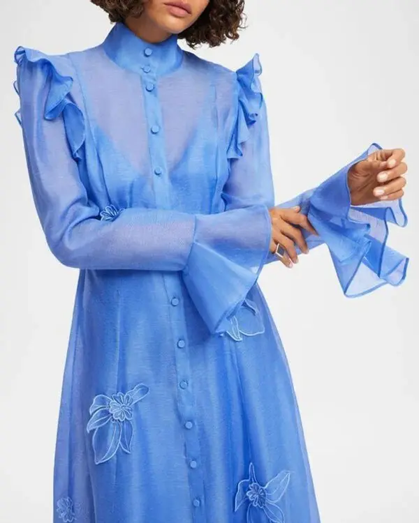 LEO LIN Katrina Applique Butterfly-sleeve Belted Midi Dress