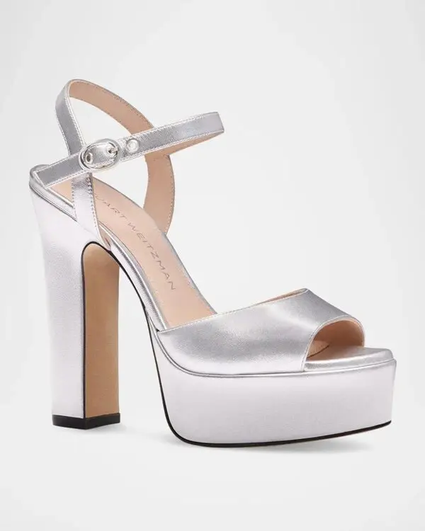 STUART WEITZMAN 130mm Reade Metallic Leather Platform Sandals - Silver