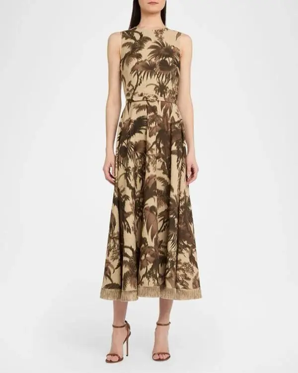 Oscar De La Renta Sleeveless Chine Palm-print Belted Midi Dress - Espresso
