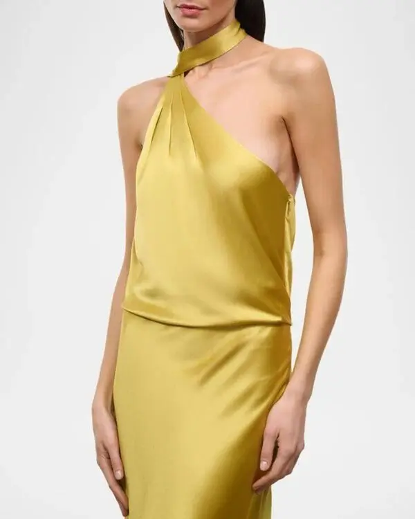 Staud Estelle Satin Tie-neck Dress - Citron
