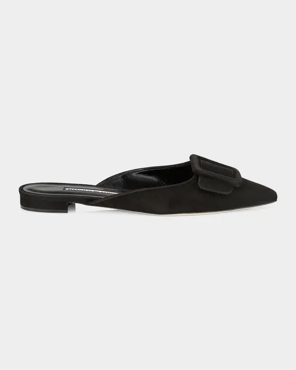 Manolo Blahnik Maysale Suede Buckle Ballerina Mules