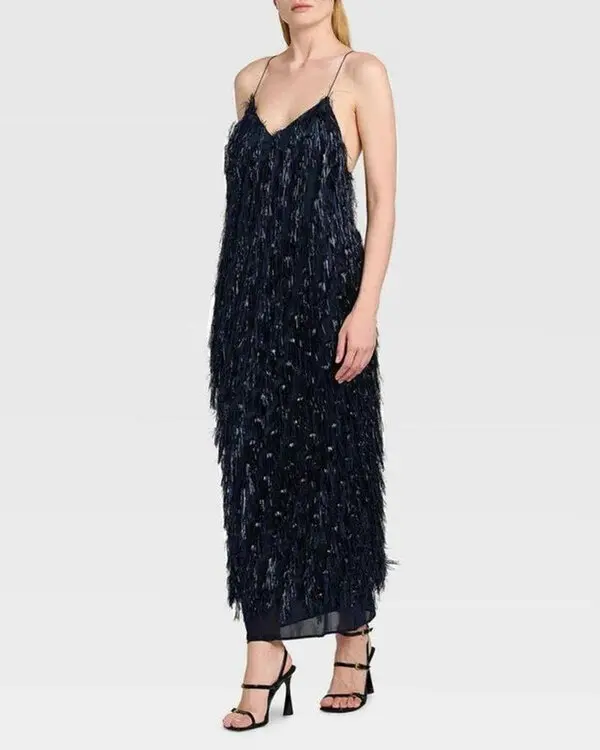 Stella McCartney Sleeveless Metallic Tinsel Midi Slip Dress