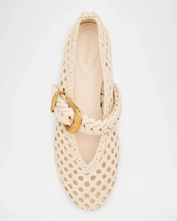 Zimmermann Alchemy Woven Leather Ballerina Flats - Milk