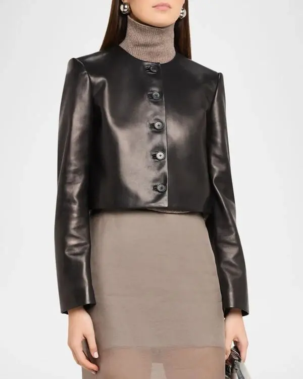 Brandon Maxwell Ryder Leather Cropped Box Jacket - Black