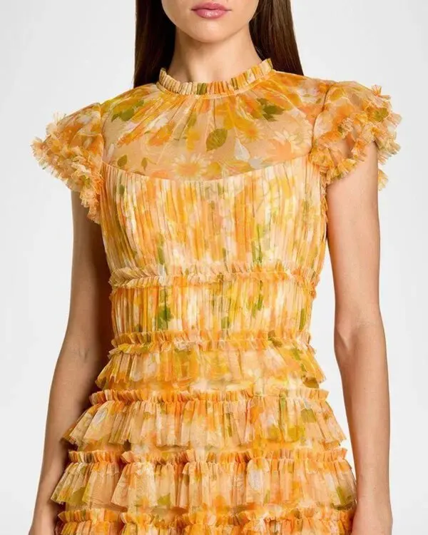 Mac Duggal Floral-print Ruffle Mesh Midi Dress