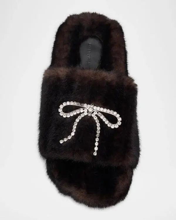 Balenciaga Embellished Bow Faux Fur Slide Sandals