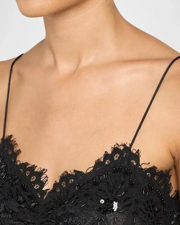 LoveShackFancy Jetta Sequined Floral Lace Mini Dress - Black