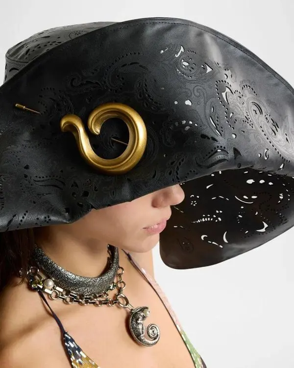 Etro Openwork Wide-brim Hat With Paisley Brooch - Black