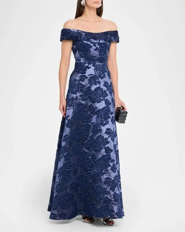 Aidan Mattox Off-shoulder Floral Jacquard Gown