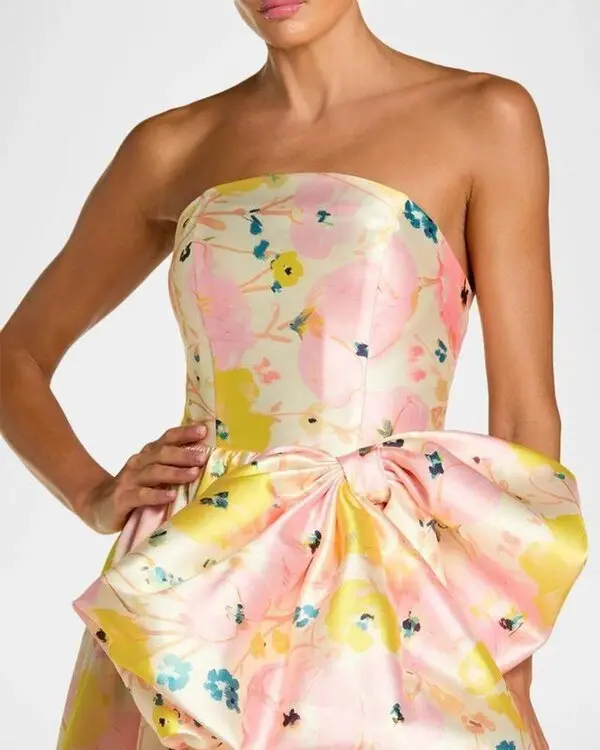 Mac Duggal Floral-print Mikado Satin Strapless Gown