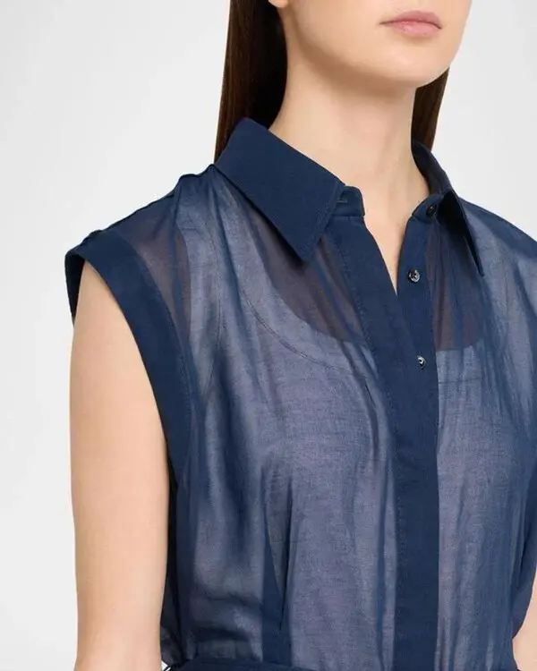 Brunello Cucinelli Sleeveless Sheer Cotton Organza Belted Midi Shirtdress - Navy