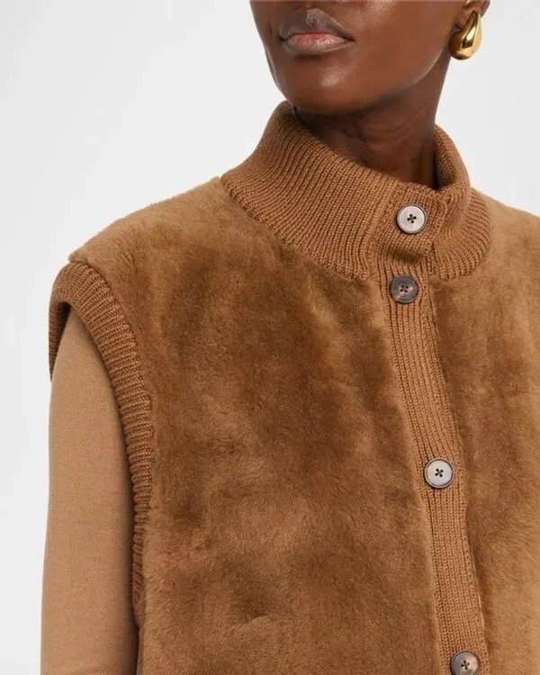 Lafayette 148 New York Button-front Shearling Vest - Vicuna
