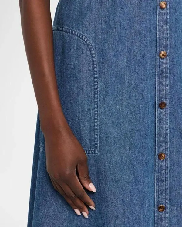 Lafayette 148 New York Belted Cotton Chambray Maxi Shirtdress - Faded Skyline