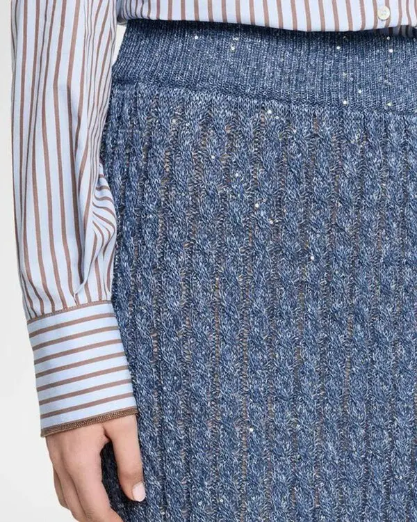Brunello Cucinelli Linen Dazzling Cable Open-knit Midi Skirt - Deep Ocean