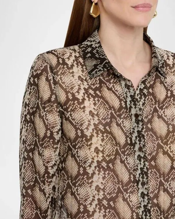 NILI LOTAN Gaia Slim Snake-print Sheer Blouse - Stone/brown