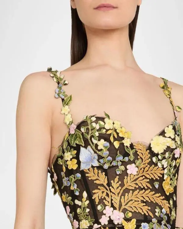 Oscar De La Renta Mixed Botanical Embroidered Tulle High-low Bustier Dress