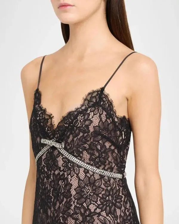 LoveShackFancy Eviara Lace Mini Dress With Crystal Bow - Black
