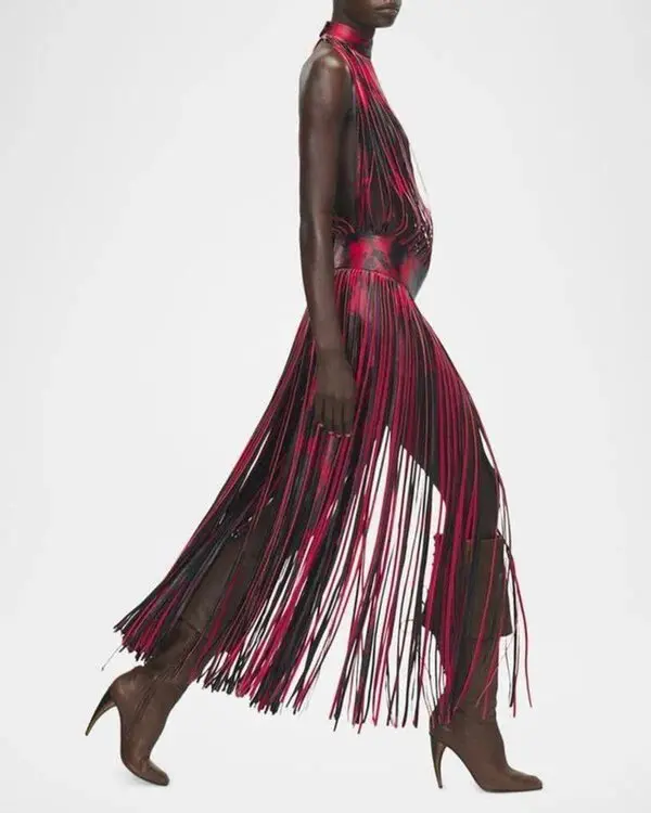 Alexander McQueen Floral-print Leather Fringe Maxi Dress - Blackmulti