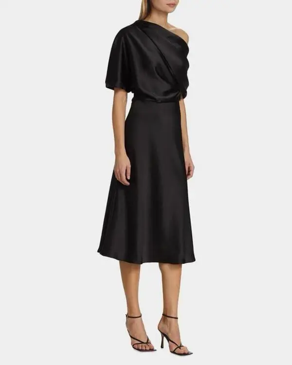 Amsale Draped Satin One-shoulder Midi-dress