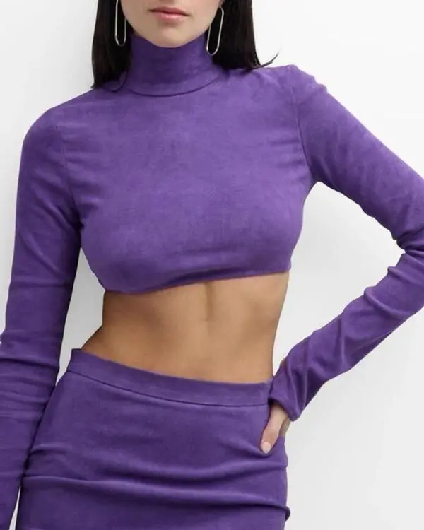 LAQUAN SMITH Mock-neck Suede Long-sleeve Crop Top