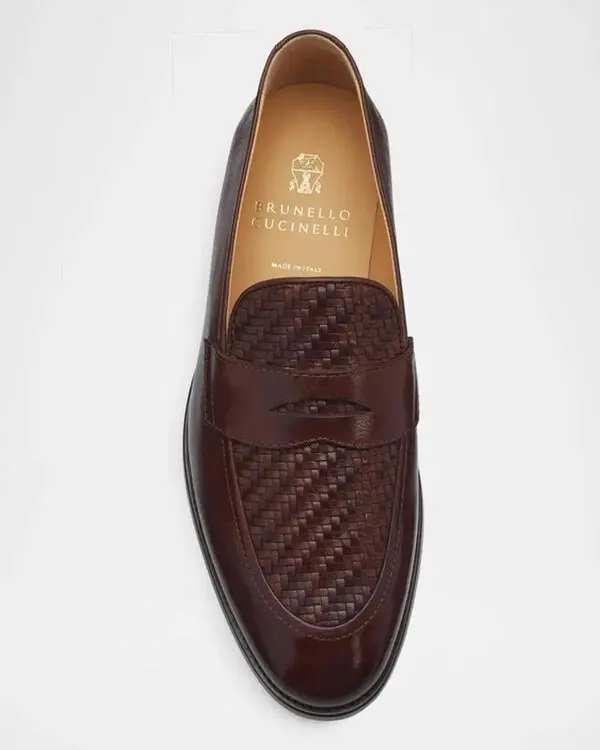 Brunello Cucinelli Apos;s Woven Vamp Leather Penny Loafers - Brown