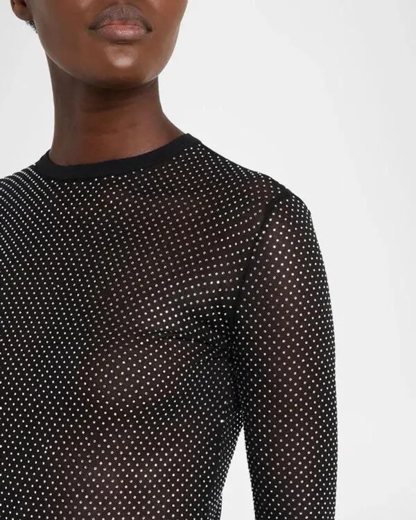 Michael Kors Long-sleeve Crystal Mesh Crewneck Bodysuit - Black