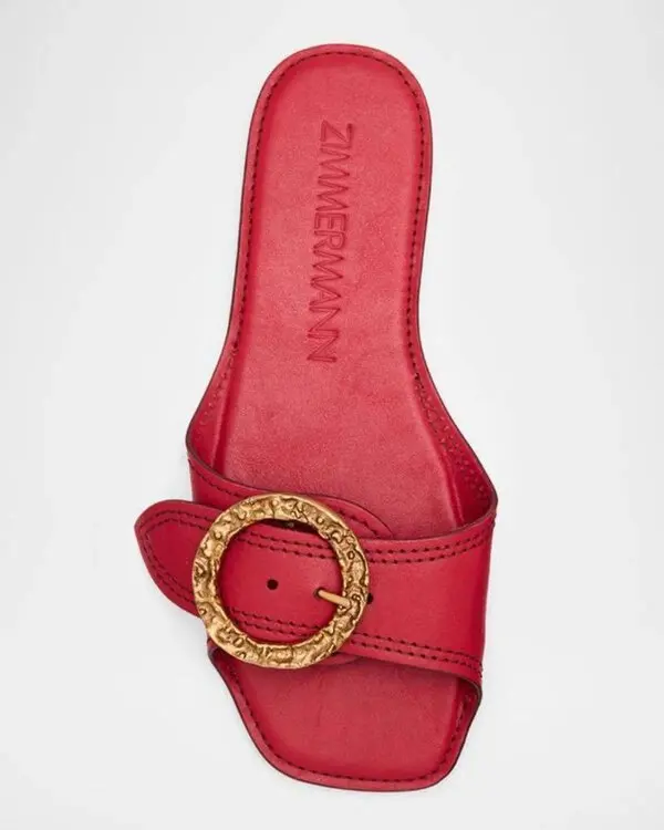 Zimmermann Solena Leather Flat Slide Sandals - Cherry