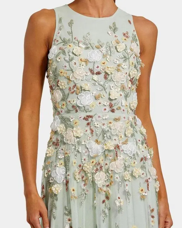 Mac Duggal Evening Floral Embroidered Sleeveless Mesh Gown - Sage