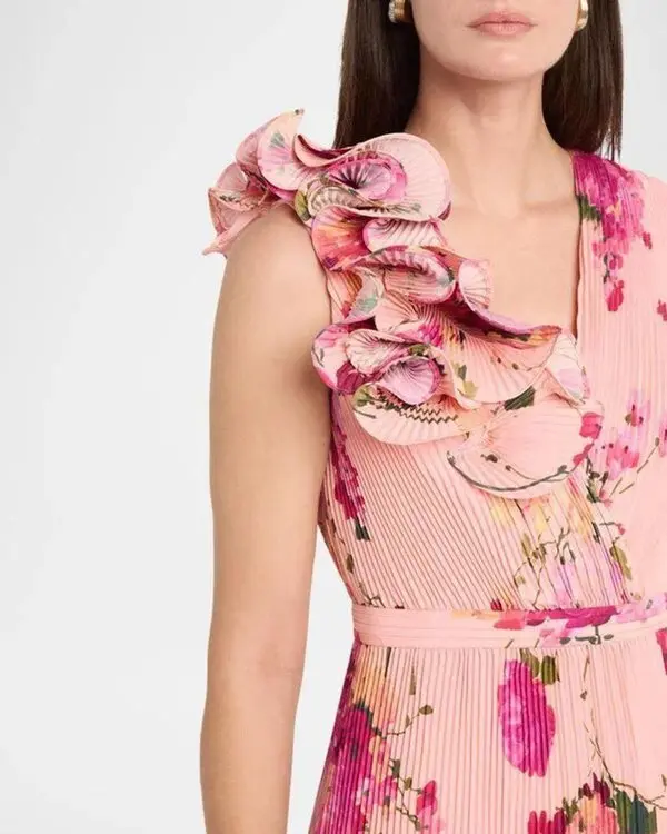 Aidan Mattox Pleated Floral-print Crepe De Chine Gown