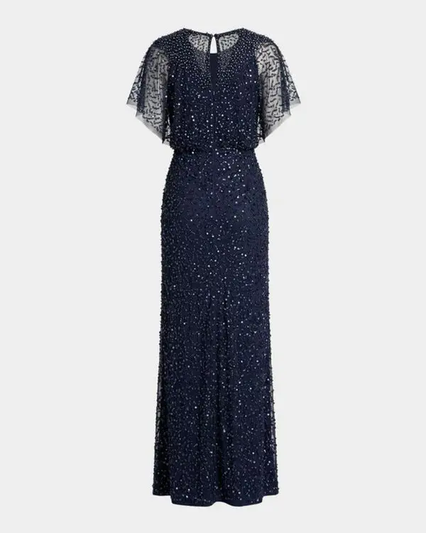 Mac Duggal Beaded Sequined Shawl Gown - Midnight