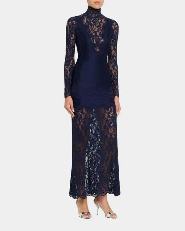 Rabanne Long-sleeve Stretch Lace Jersey Maxi Dress - Deep Navy