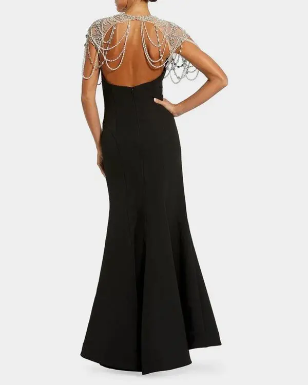 Mac Duggal Beaded Cap-sleeve Mermaid Gown - Black