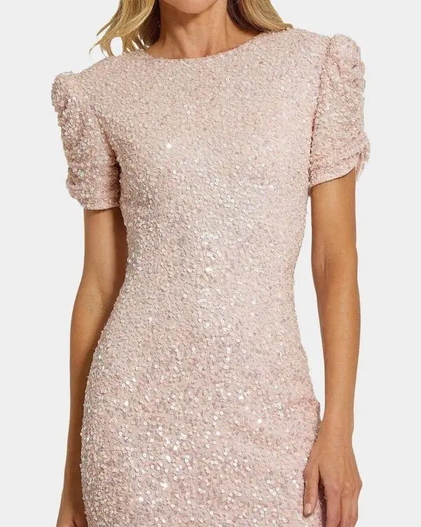Mac Duggal Beaded Mesh Short-sleeve Gown - Blush