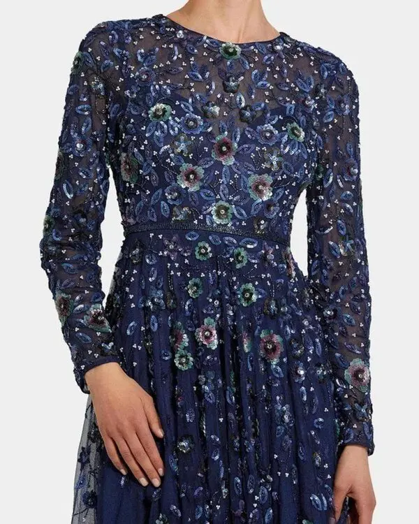 Mac Duggal Sequin Floral Applique A-line Gown - Navy