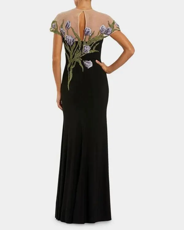 Mac Duggal Evening Embroidered Jersey Illusion-neck Gown