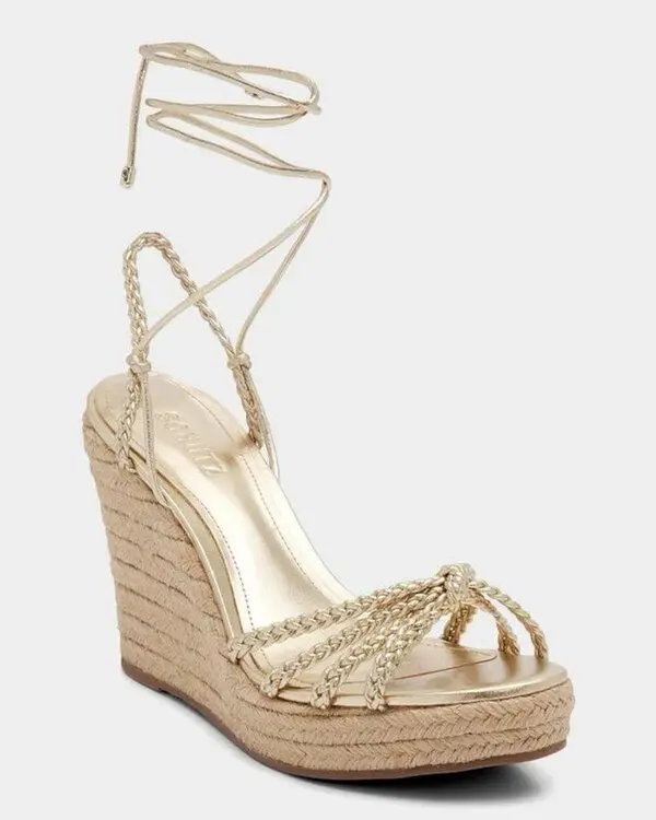 Schutz 95mm Adele Metallic Leather Espadrille Wedge Sandals