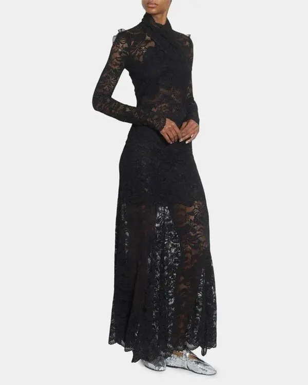 Rabanne Crisscross Mock-neck Lace Long-sleeve Top - Black