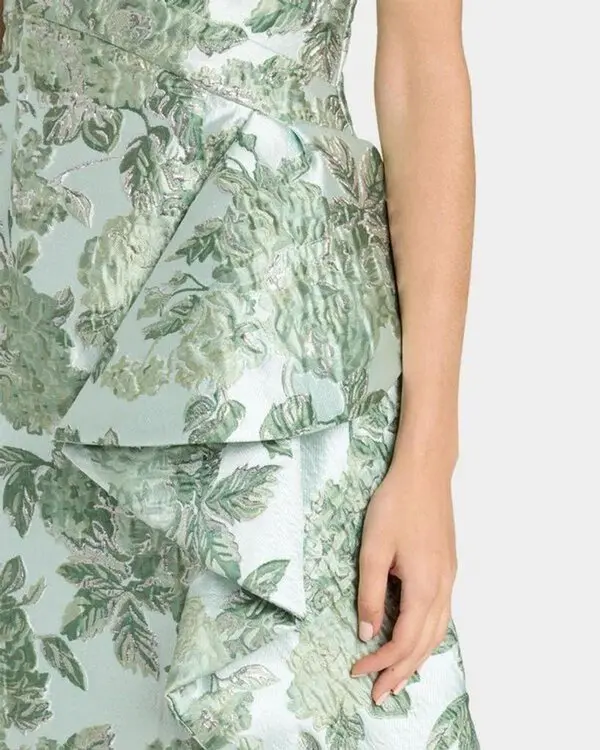 Pamella Roland Sleeveless Metallic Floral Jacquard Draped Column Gown - Mint Multi