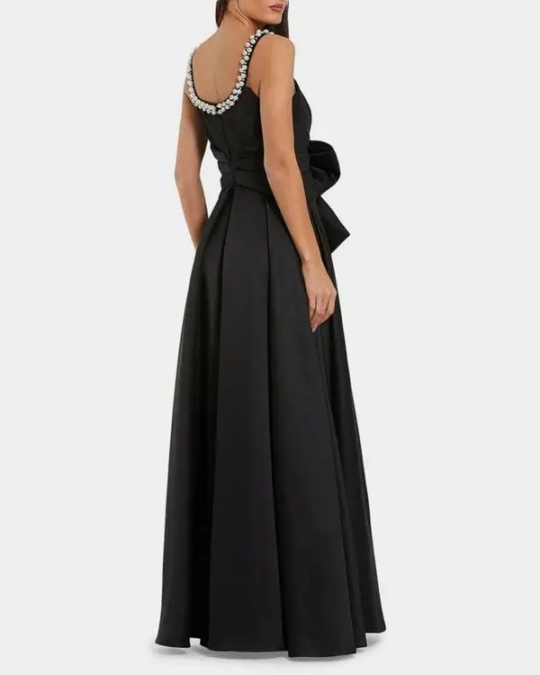 Mac Duggal Pleated Pearly-trim Bow Satin Gown