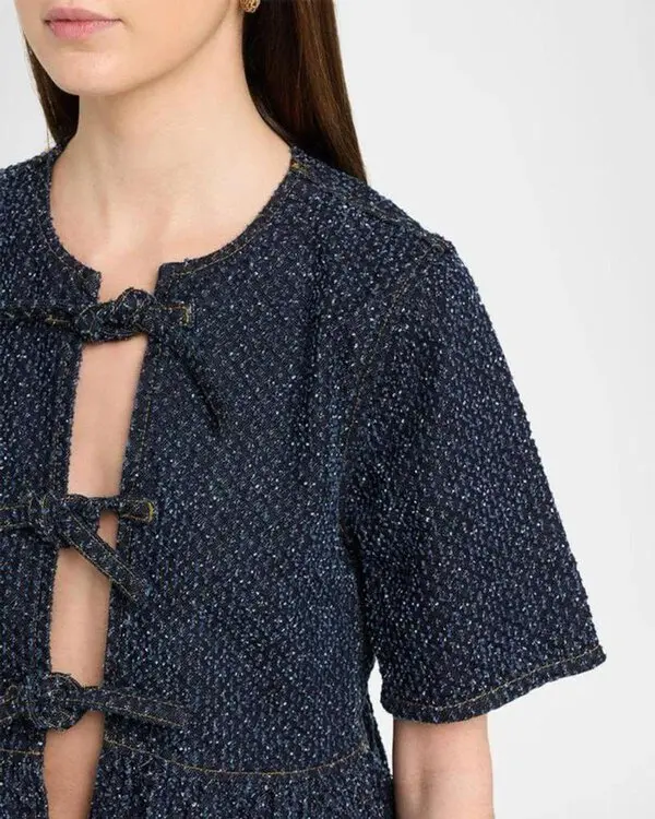 GANNI Tie-front Tweed Denim Peplum Top